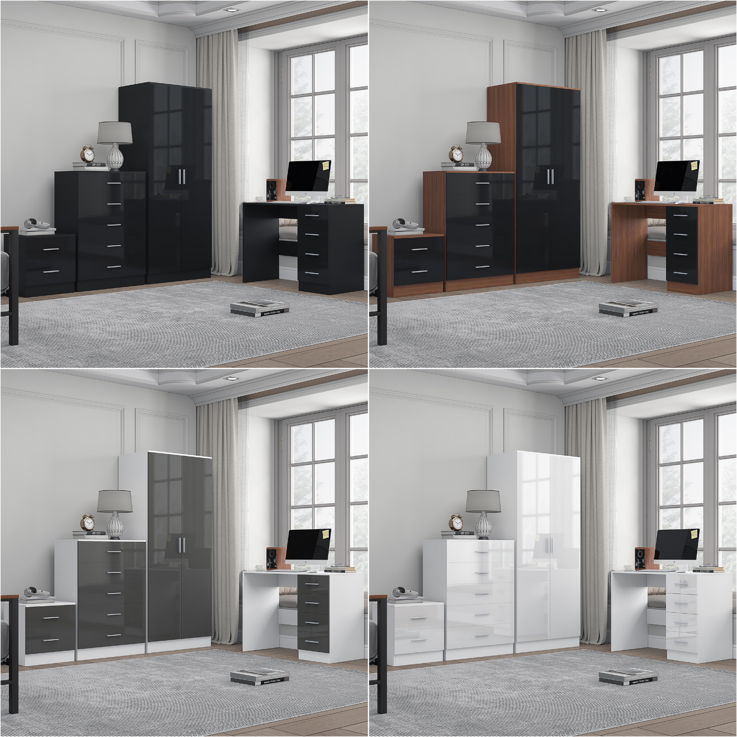 REFLECT Gloss 4pc Bedroom Set - 2 Door Wardrobe + 5 Draw Chest + Bedsi ...
